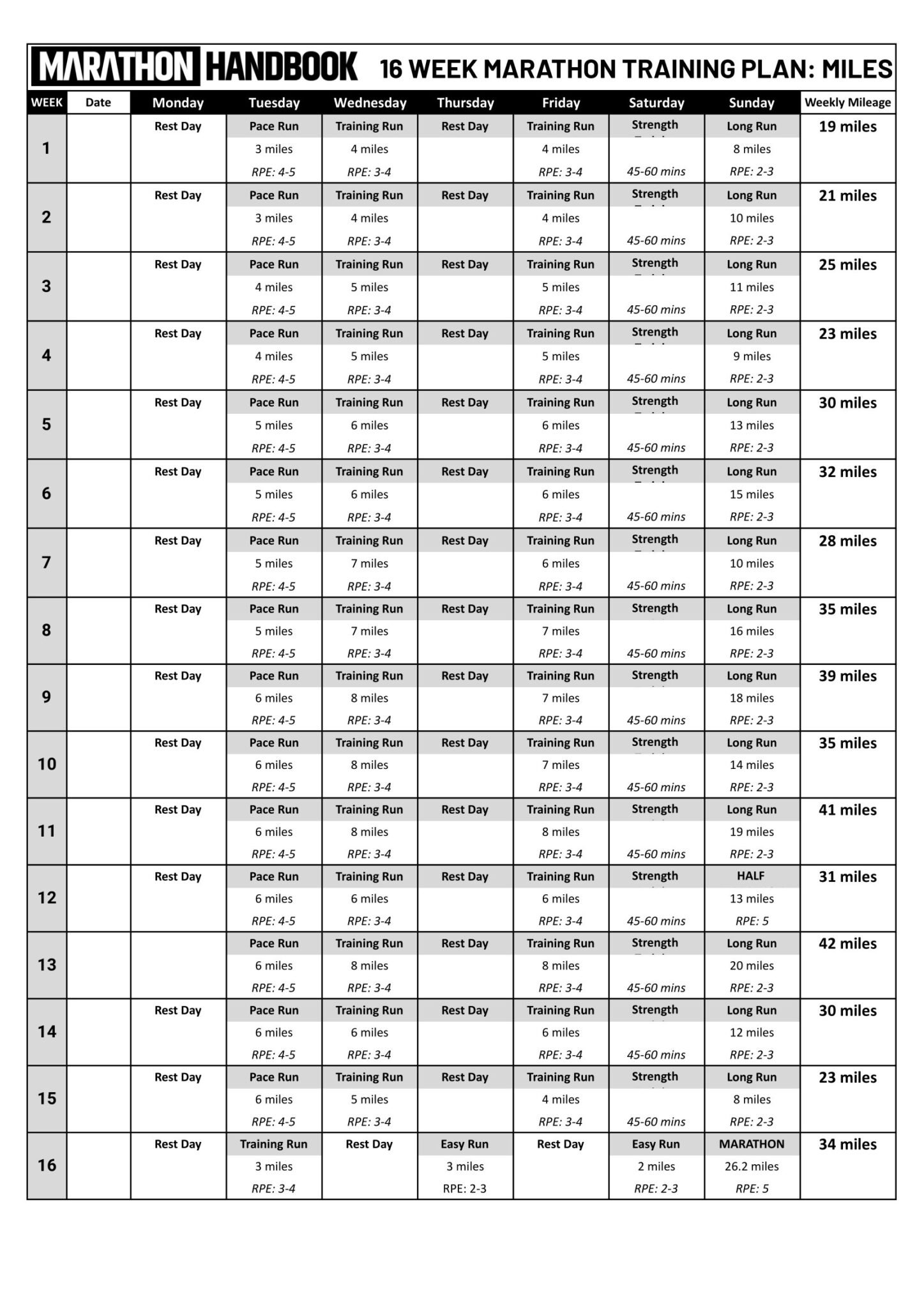 16 Week Marathon Training Plan
