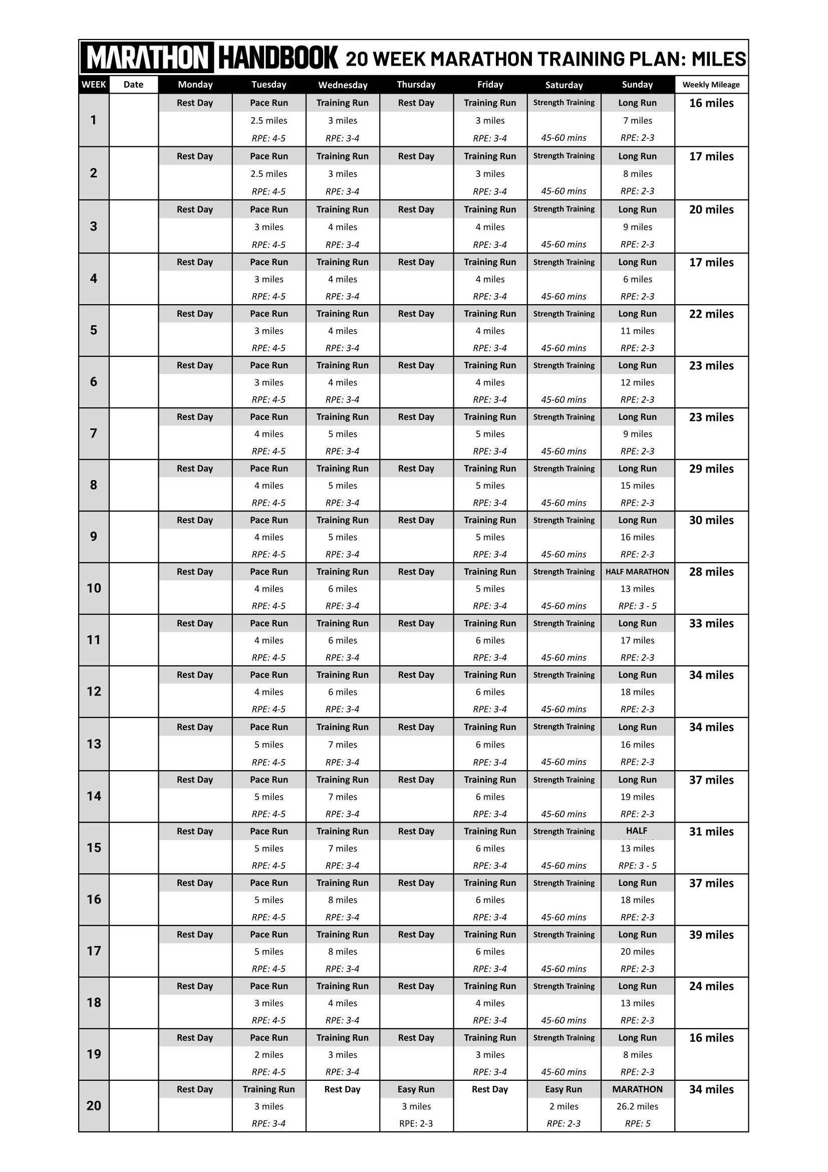 20 Week Marathon Training Plan For Beginners