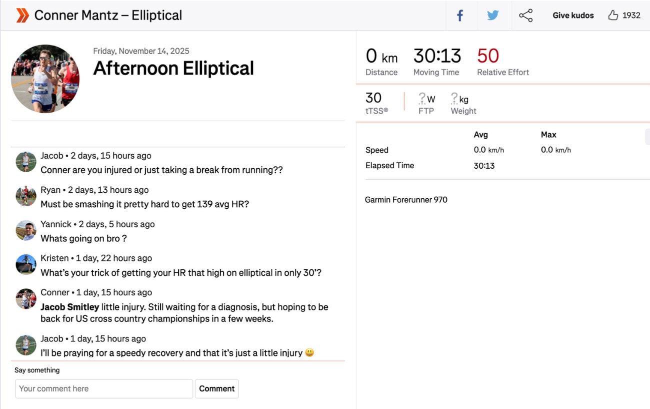 Did American Champ Conner Mantz Injure Himself While Pacing His Wife’s Marathon?